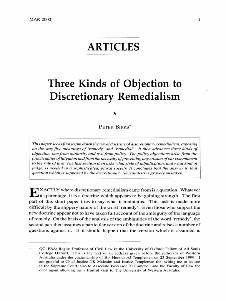 2000 Peter Birks Three Kinds of Objection To Discretionary Remedialism | PDF | Damages | Equity ...