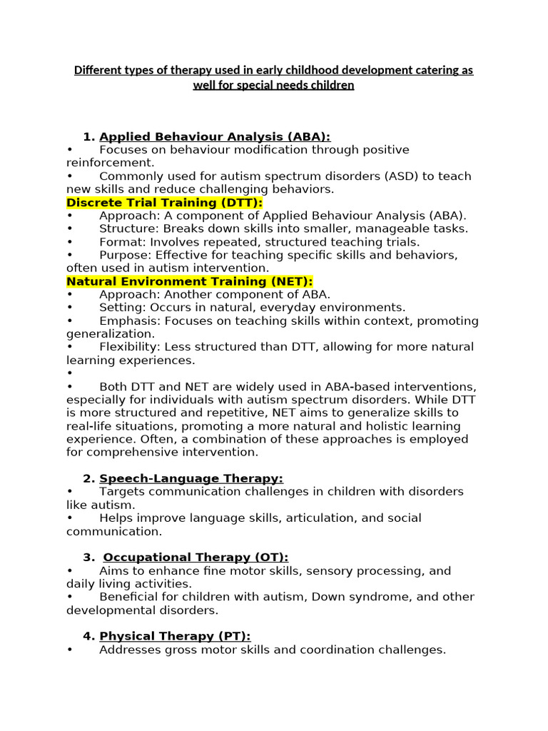 Various therapy methods for early childhood development | PDF | Autism Spectrum | Behaviorism