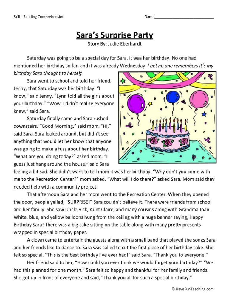 Free Saras Surprise Party Fourth Grade Reading Comprehension Worksheet ...