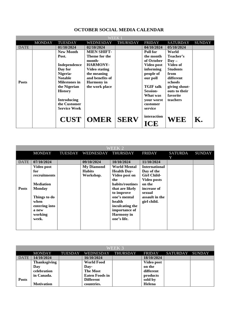 October 2024 Social Media Plan | PDF