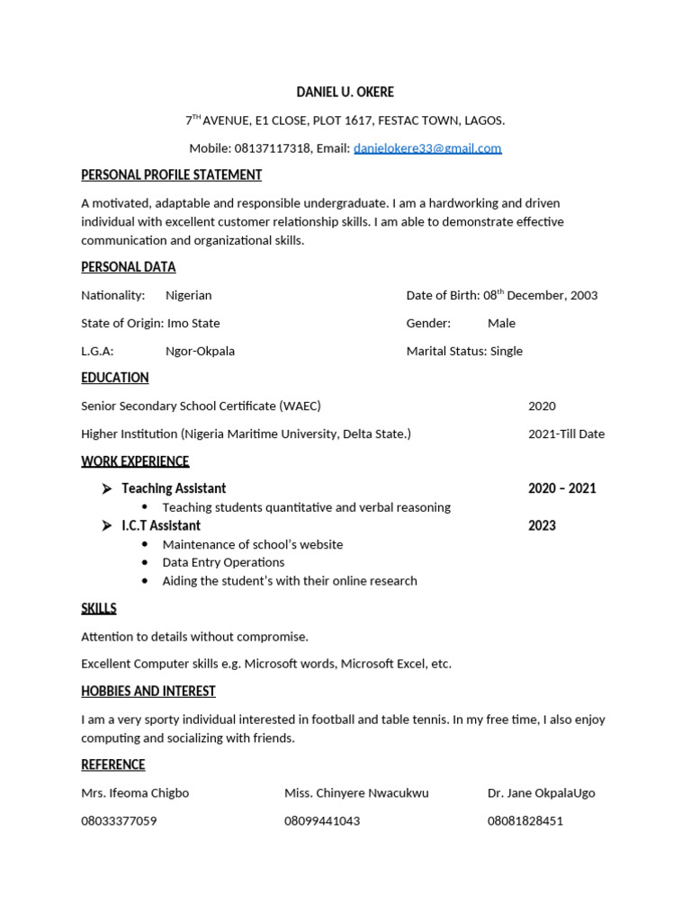 Daniel Okere's CV Summary | PDF