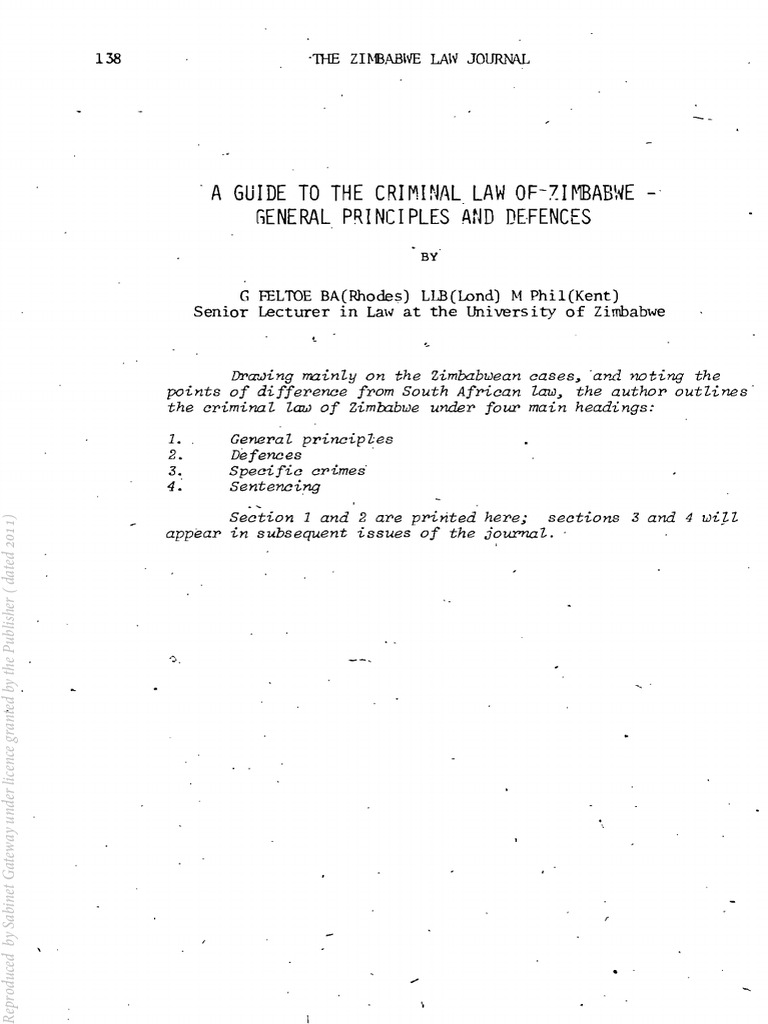 Feltoe 1979 A Guide To The Criminal Law of Zimbabwe General Principles ...