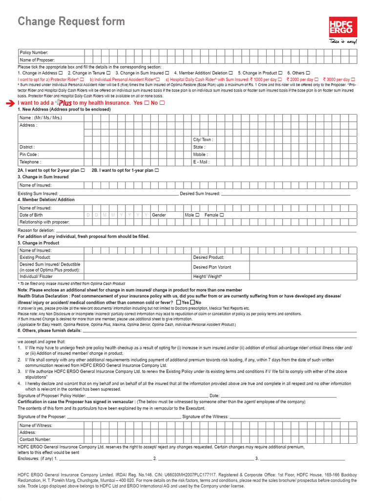 HDFC Ergo Change Request Form | PDF | Insurance