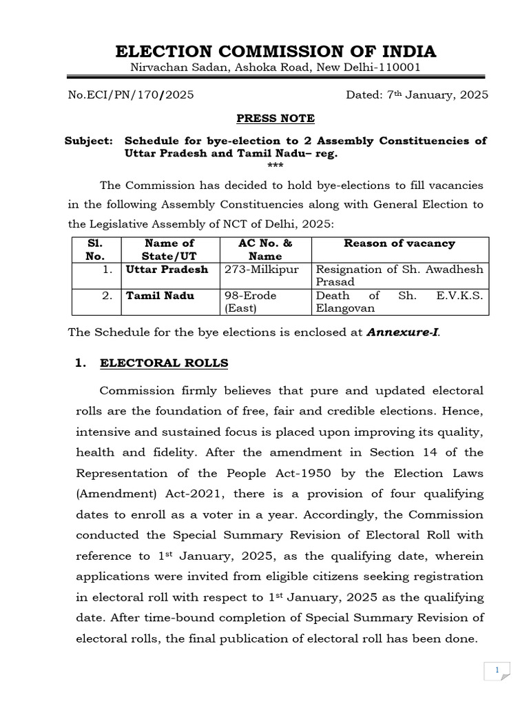 Bye-Election Schedule for UP & TN 2025 | PDF | Identity Document ...