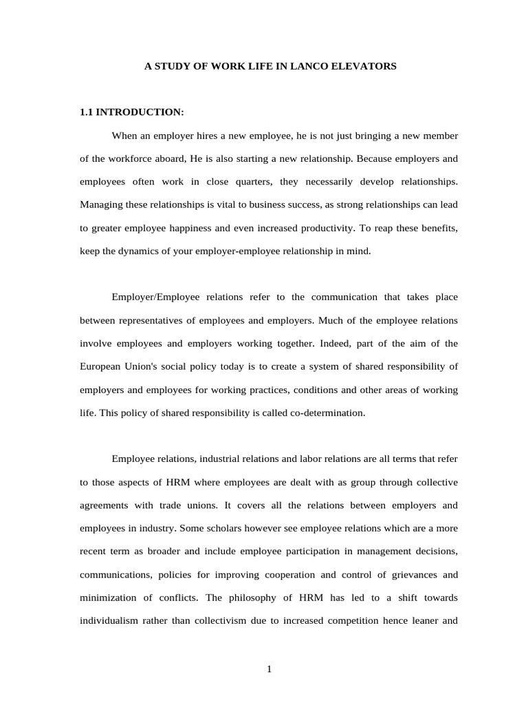 A Study of Work Life in Lanco Elevators Bangalore-Philip Rajan | PDF ...