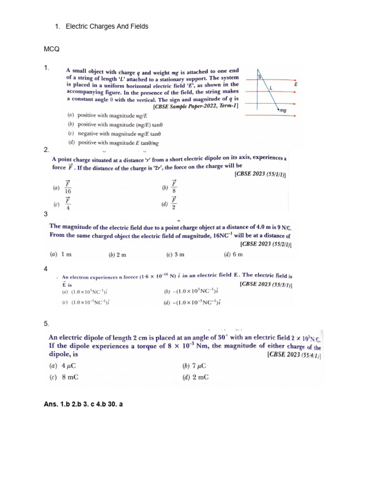 Electric Charges and Fields MCQs and Concepts | PDF | Electric Charge ...