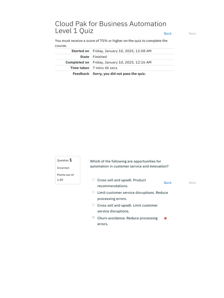 Cloud Pak For Business Automation Level 1 Quiz - Attempt Review | PDF | Internal Rate Of Return ...