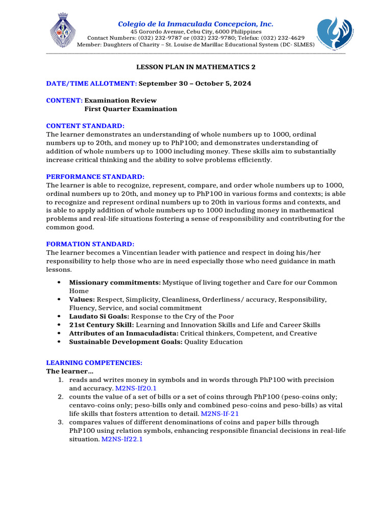 Mathematics 2 Exam Review Lesson Plan | PDF | Learning | Critical Thinking