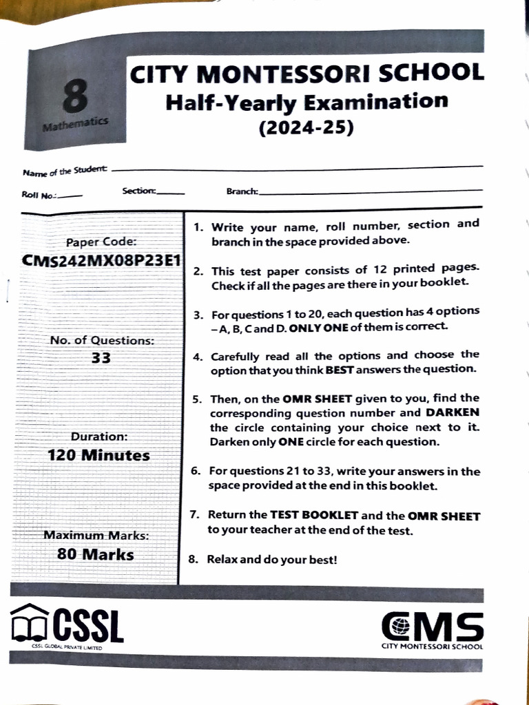 Class VIII Maths Half Yearly Exam Paper 2024-25 | PDF