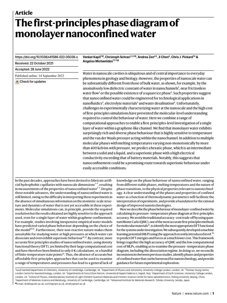 First principles phase diagram of monolayer nanoconfined water | PDF | Phase (Matter) | Graphene