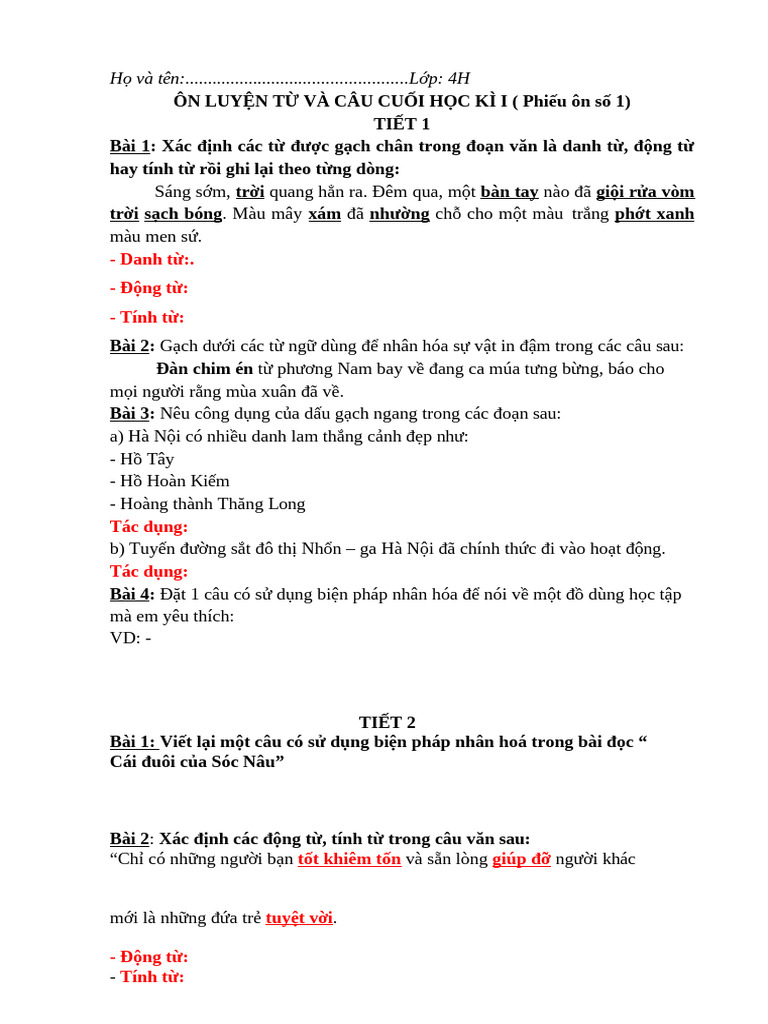 ĐÁP ÁN ÔN LTVC CHKI - 4H ( Phiếu ôn số 1) | PDF