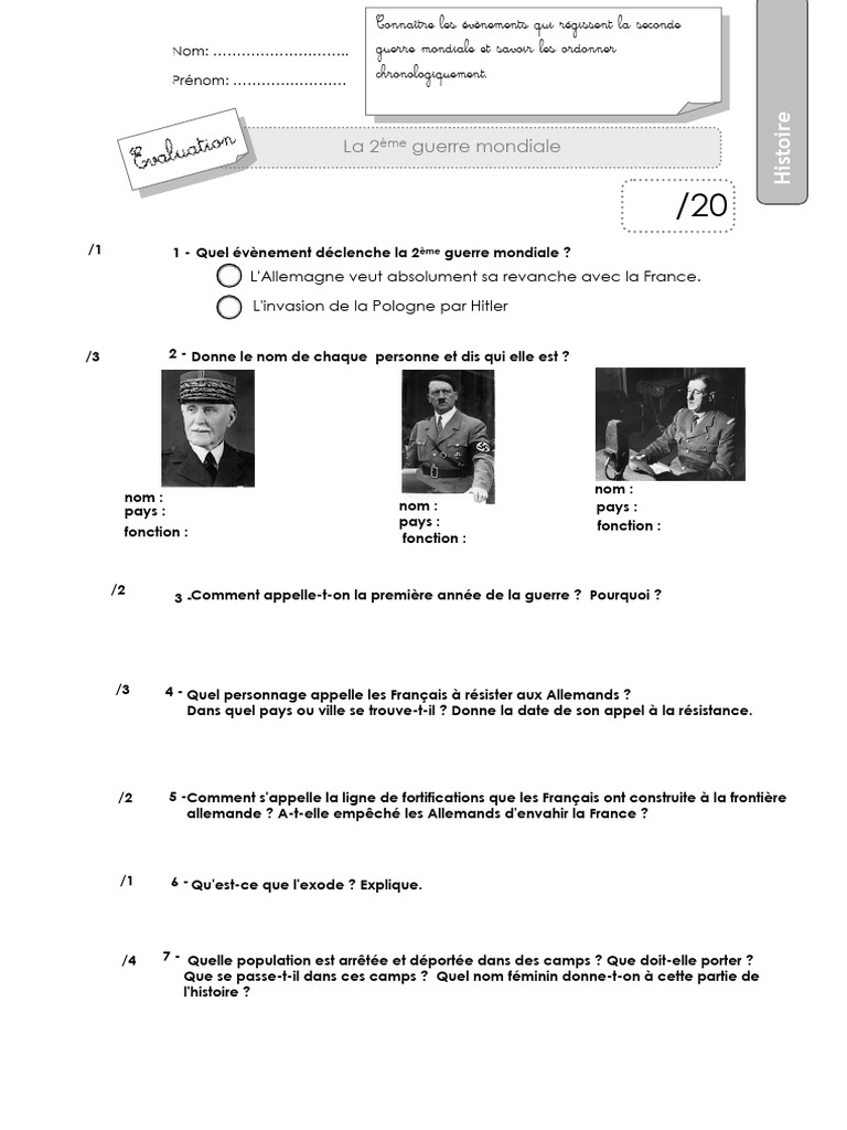 Évaluation CM2 : Seconde Guerre Mondiale | PDF | Seconde Guerre ...