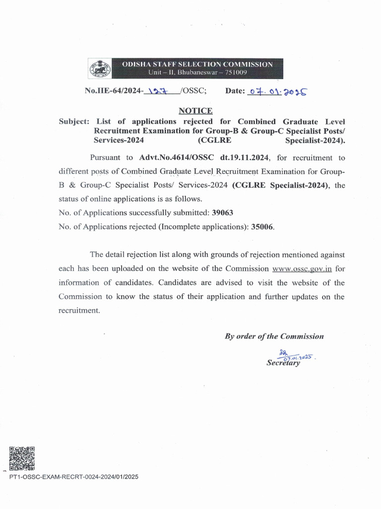 Notice Reg. Reject List of CGLS 2024 | PDF