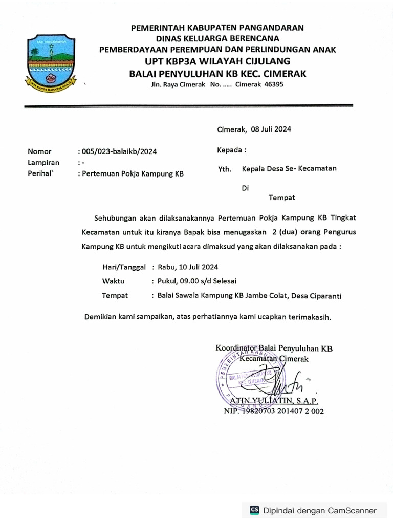 Surat Pokja Kampung KB Juli 24 | PDF