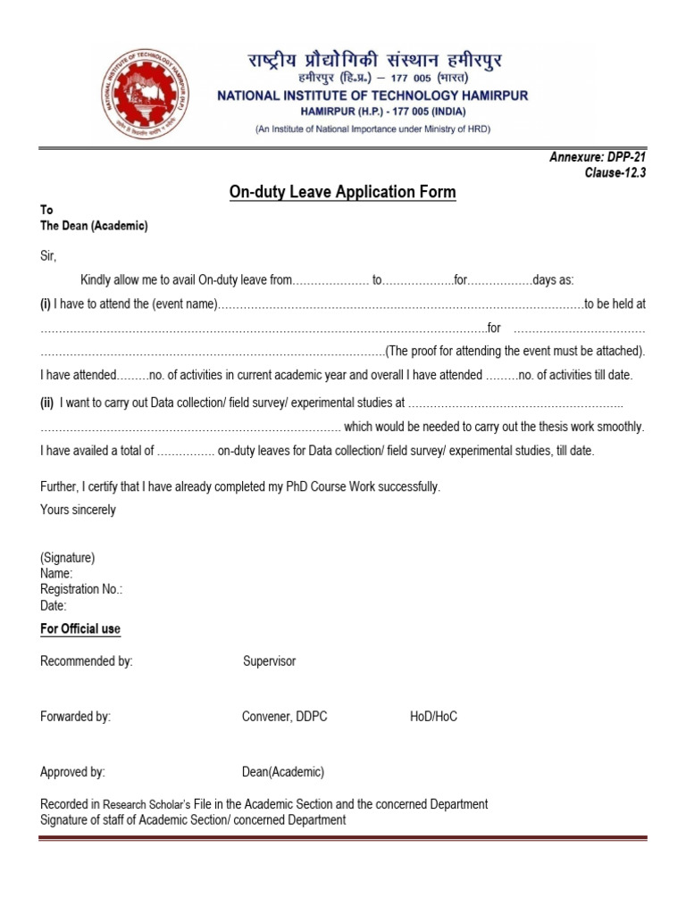 On-Duty Leave Application Form: To The Dean (Academic) | PDF