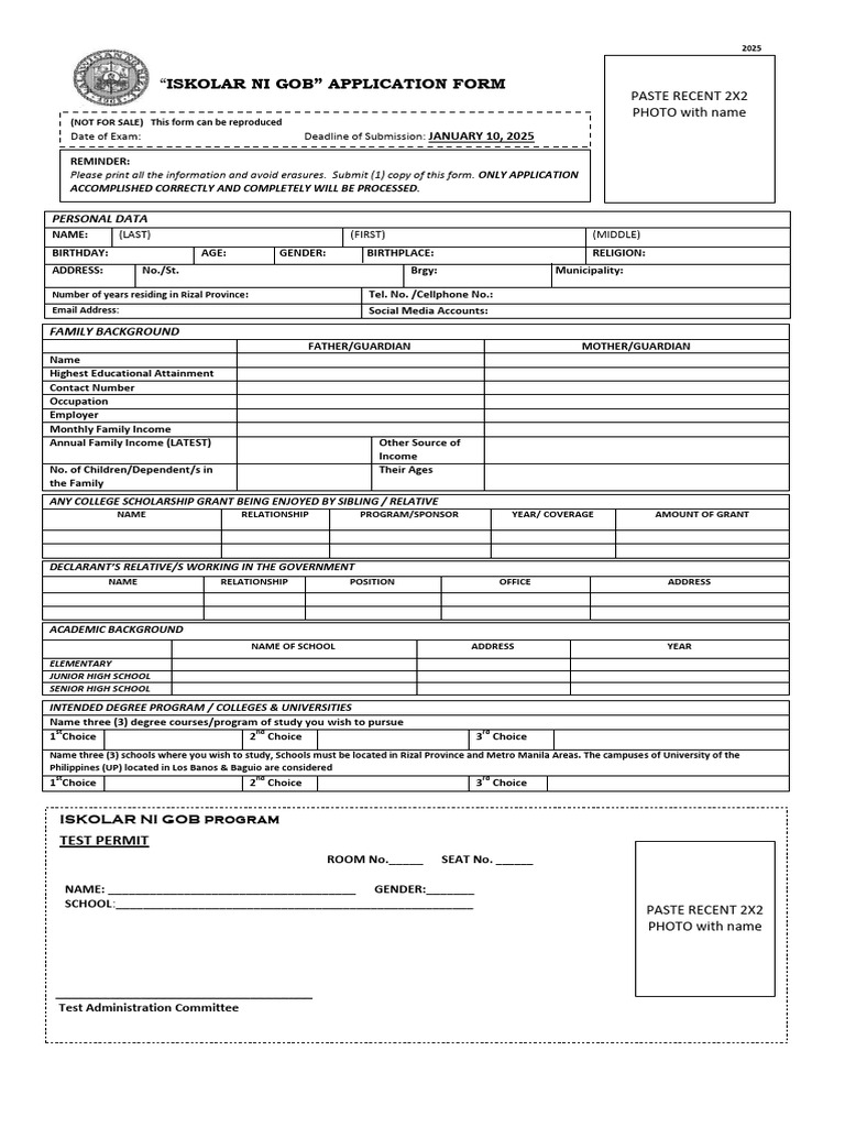 Iskolar ni Gob Application 2025 Form | PDF
