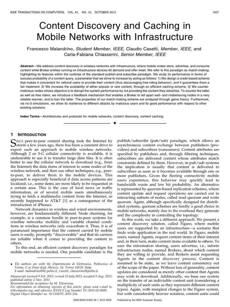 Content Discovery and Caching In Mobile Networks With Infrastructure | PDF | Computer Network ...