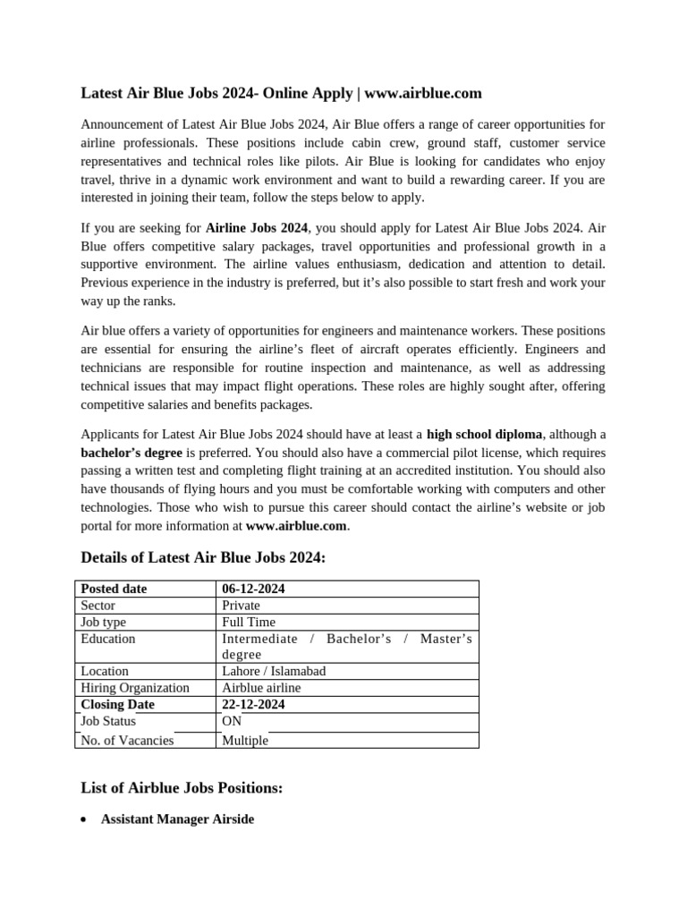 Air Blue Jobs 2024 | PDF | Airlines | Flight Attendant