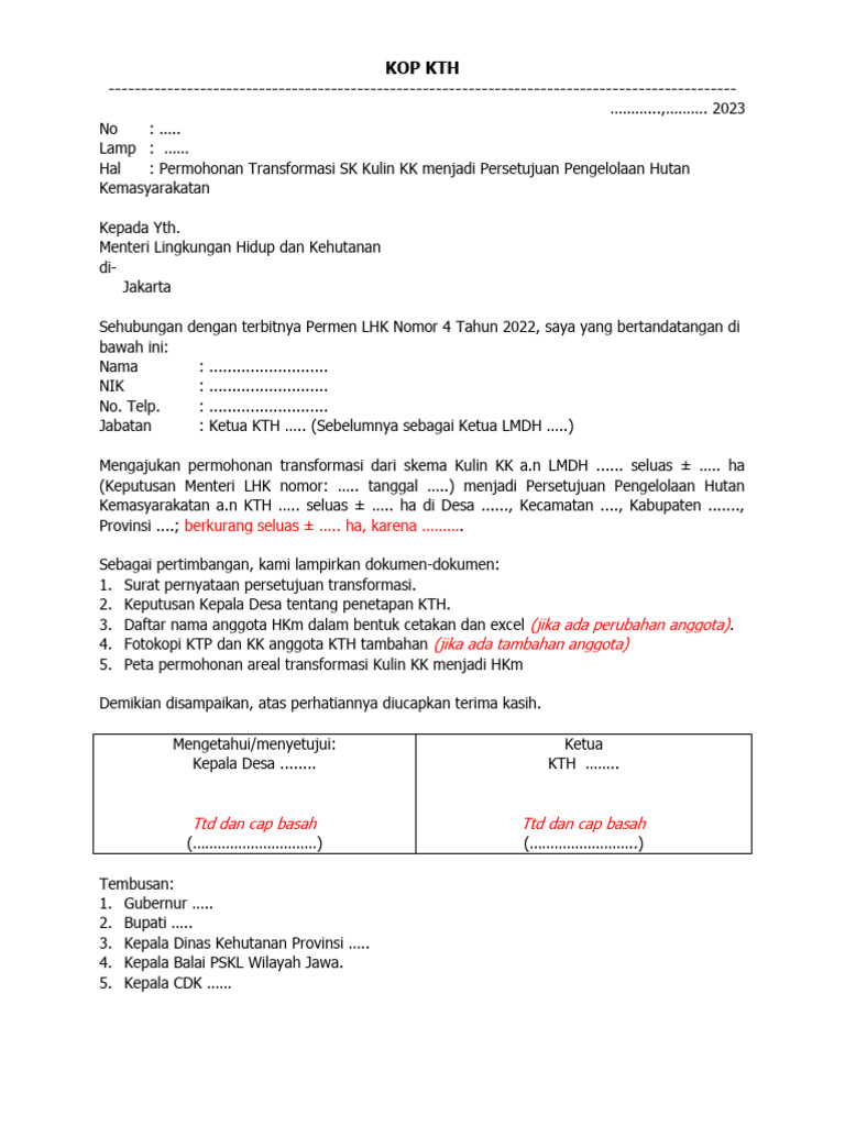 Salinan 0. Surat Permohonan Transformasi LMDH Jadi KTH | PDF