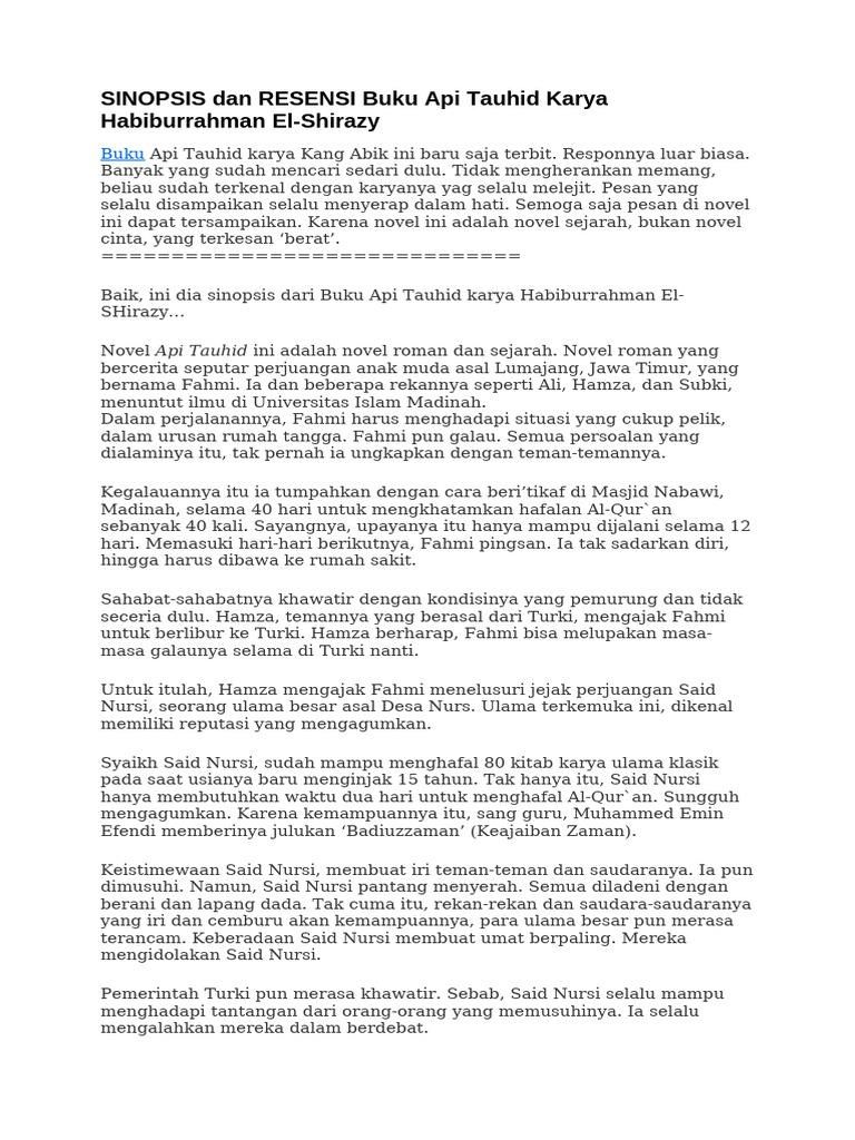 Sinopsis Novel Api Tauhid Karya Kang Abik | PDF