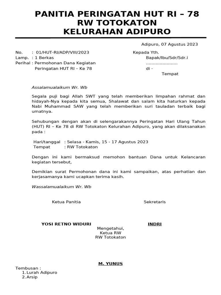 Surat Permohonan Dana HUT RI - 78 | PDF