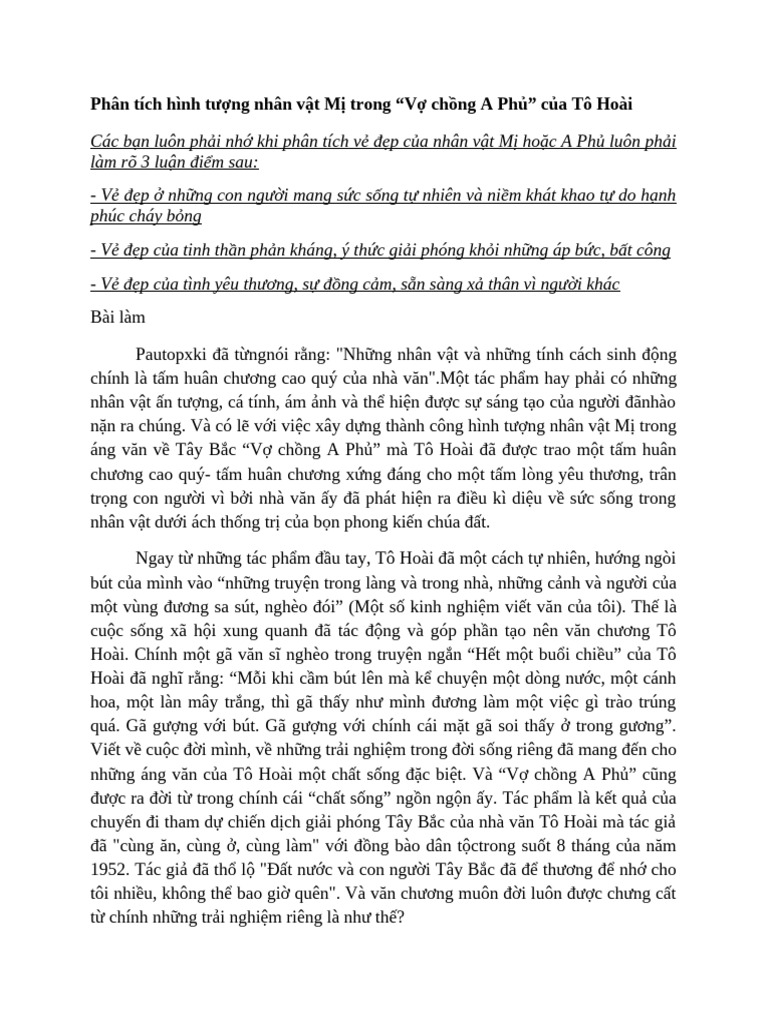 Phân tích hình tượng nhân vật Mị trong VCAP | PDF