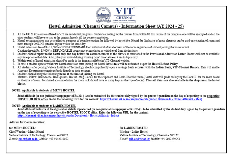 VITCC_Information sheet_Freshers_2024-2025 | PDF