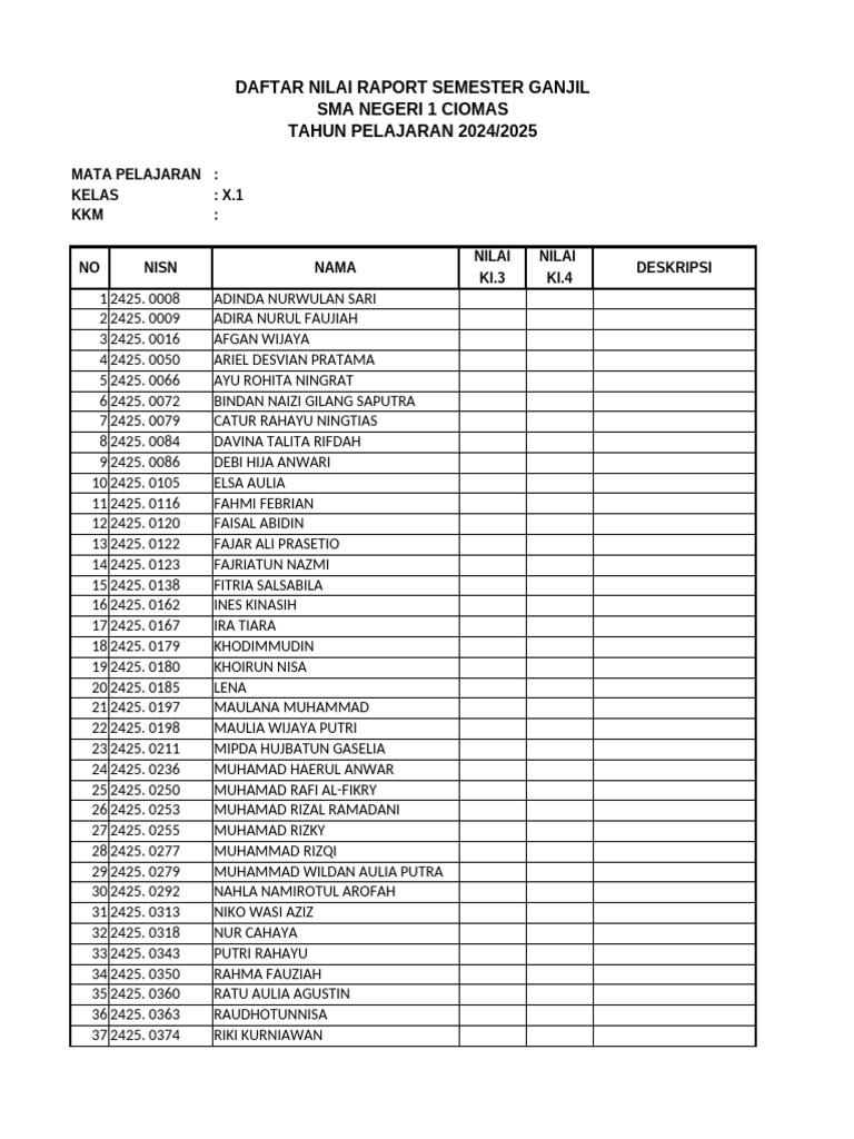 FORMAT NILAI KELAS X_2024-2025 | PDF