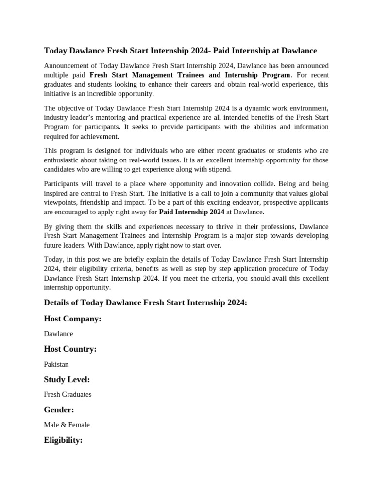 Dawlance Fresh Start Internship 2024 | PDF | Internship | Job Hunting