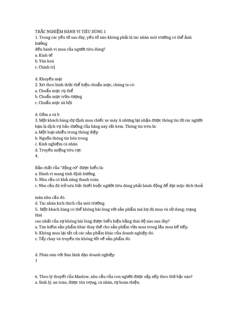 Ngan Hang Cau Hoi Trac Nghiem Ve Hanh VI Tieu Dung v2 | PDF