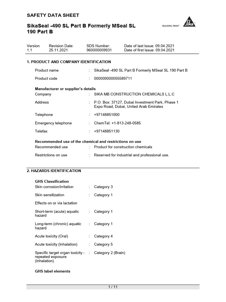 62 MSDS SikaSeal - 490 SL Part B Formerly MSeal SL | PDF | Toxicity ...