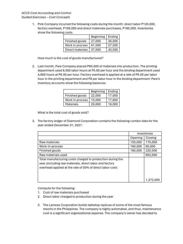 Guided Exercises Cost Concepts | PDF | Inventory | Cost Of Goods Sold