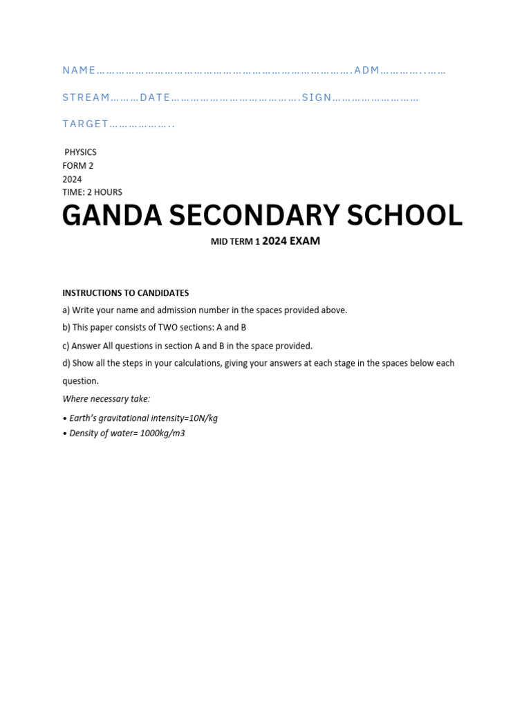 FORM 2 Physics 2024 MID-term 1 PDF | PDF | Pressure | Thermometer