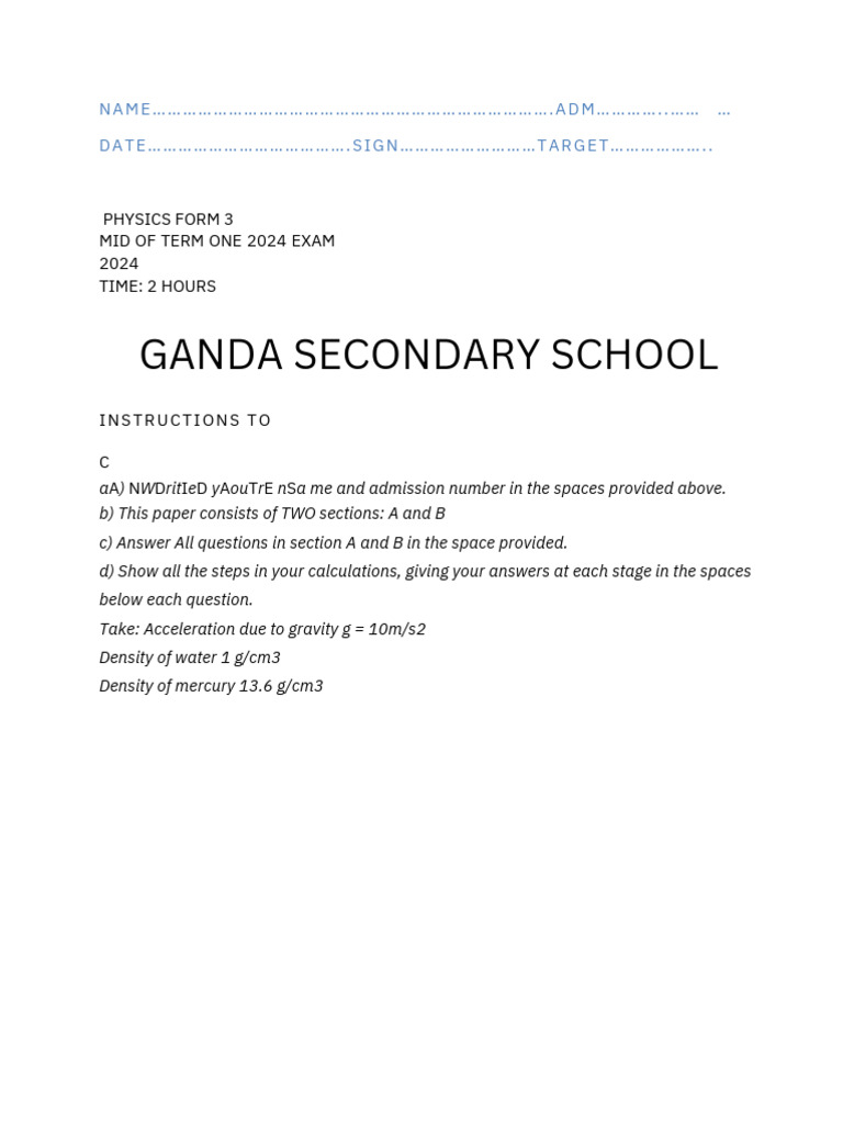 FORM 3 Physics MID-1 TERM EXAM.pdf (1).pdf | PDF | Weight | Applied And Interdisciplinary Physics