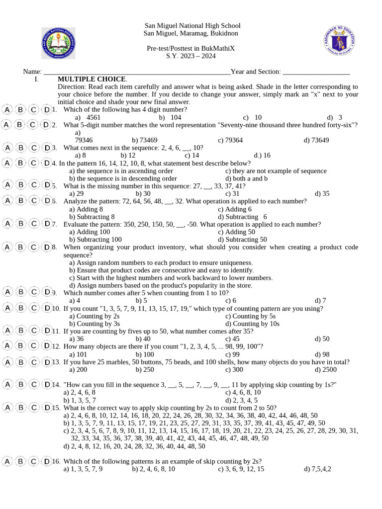 Pre-Test/Posttest for BukMathiX | PDF | Division (Mathematics) | Kilogram