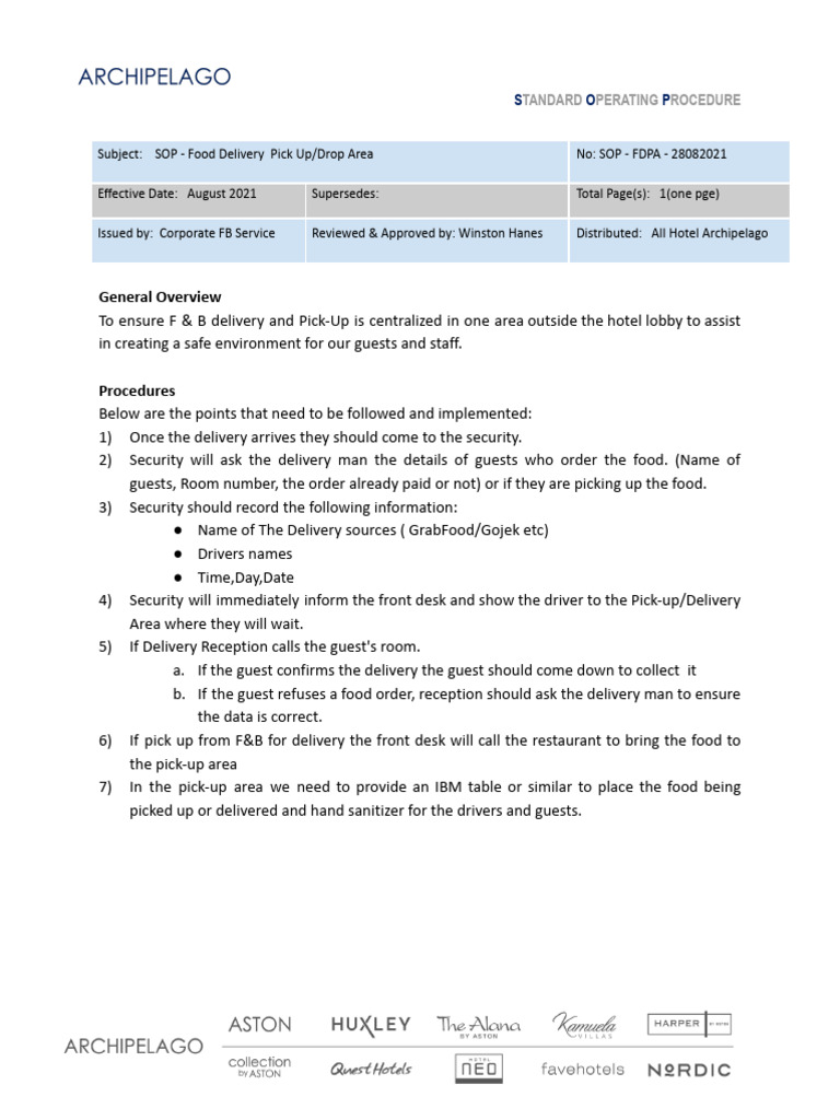 Food Delivery Pick-Up SOP | PDF