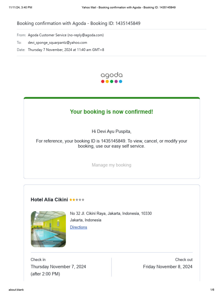 Yahoo Mail - Booking Confirmation With Agoda - Booking ID - 1435145849 ...