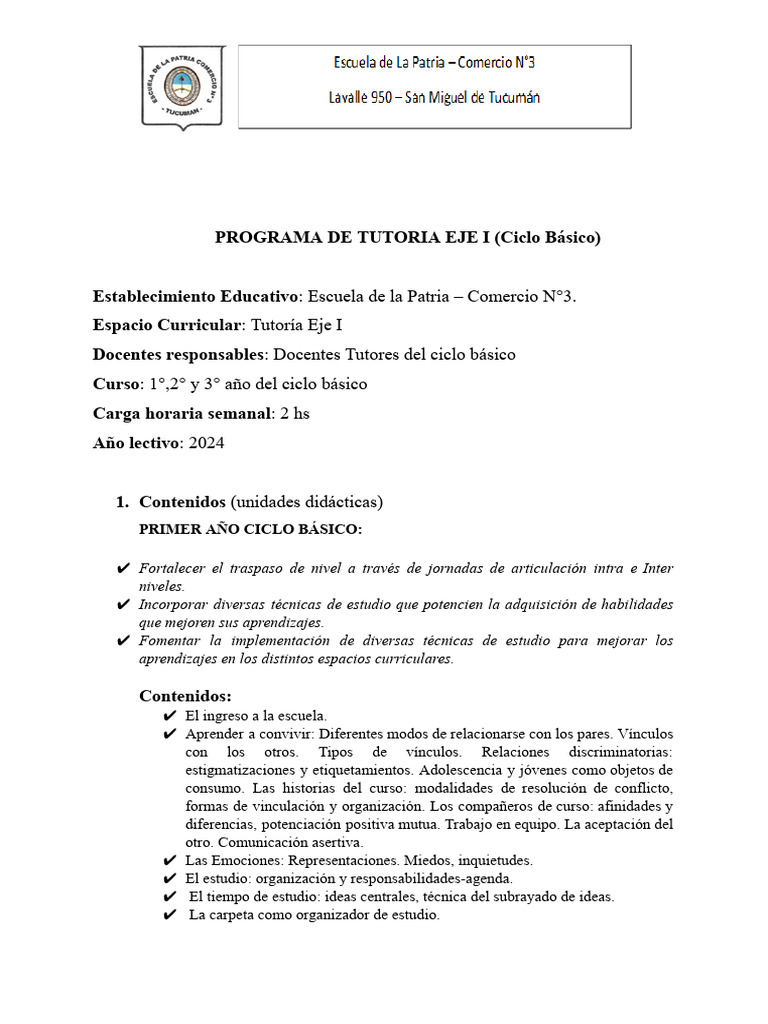 Tutoria 2024 Programa Ciclo Basico | PDF | Habilidades de estudio | Adolescencia