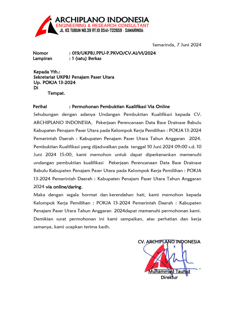 Surat Permohonan Online - Perencanaan Data Base Drainase Babulu | PDF