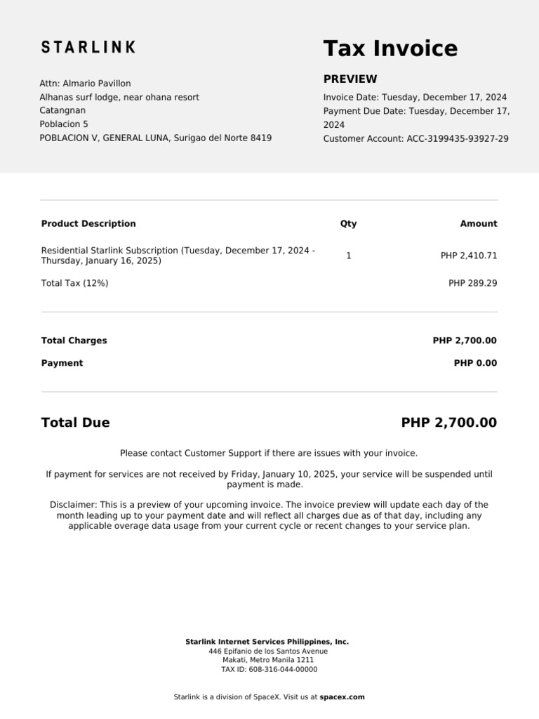 Starlink Invoice for Almario Pavillon | PDF | Space X