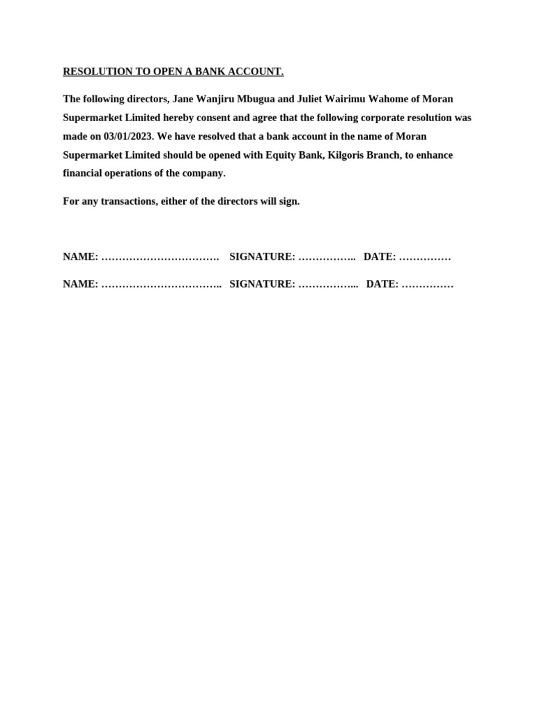 Resolution To Open A Bank Account | PDF
