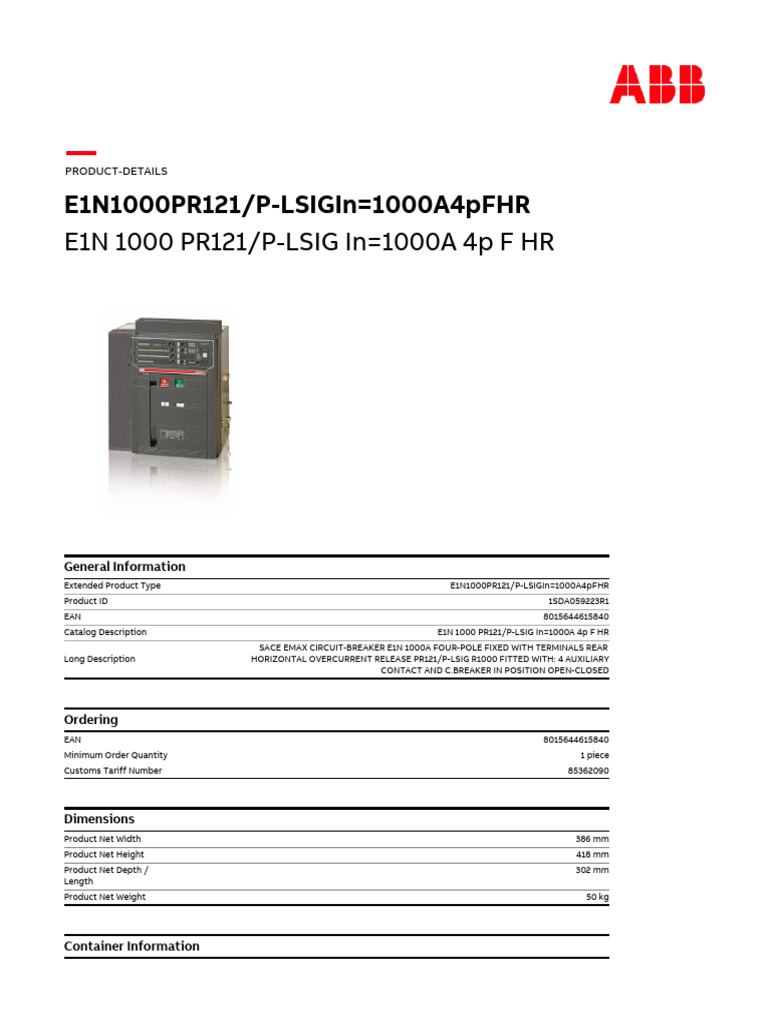 E1N 1000A 4-Pole Circuit Breaker | PDF