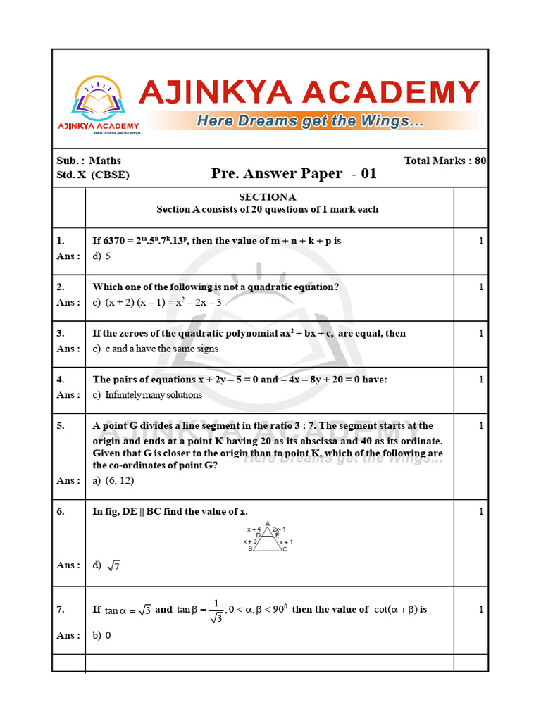 CBSE Class X Maths Exam Paper | PDF | Area | Circle