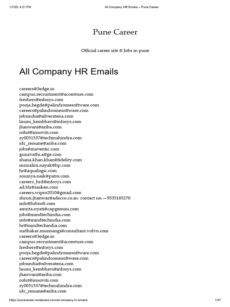 All Company HR Emails - Pune Career | PDF