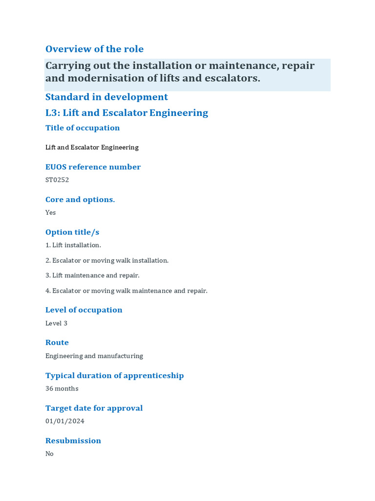 St0252 Lift and Escalator Engineering l3 Standard | PDF | Elevator | Escalator
