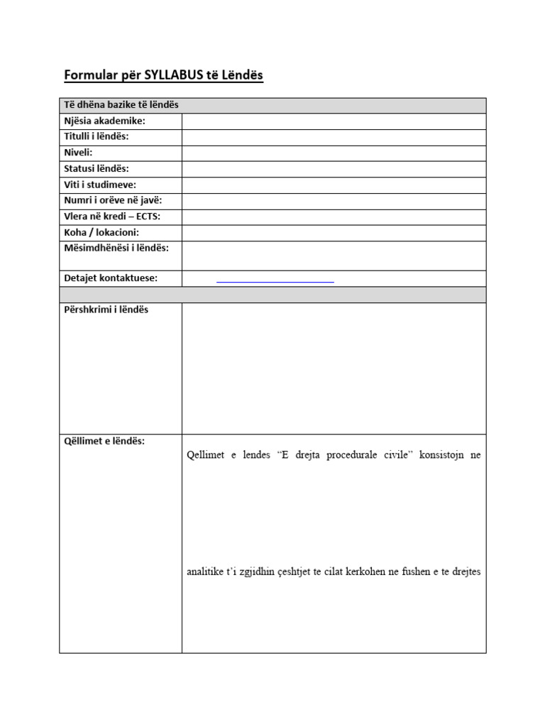 Formular Për SYLLABUS Të Lëndës: Fakulteti Juridik E Drejta Procedurale ...