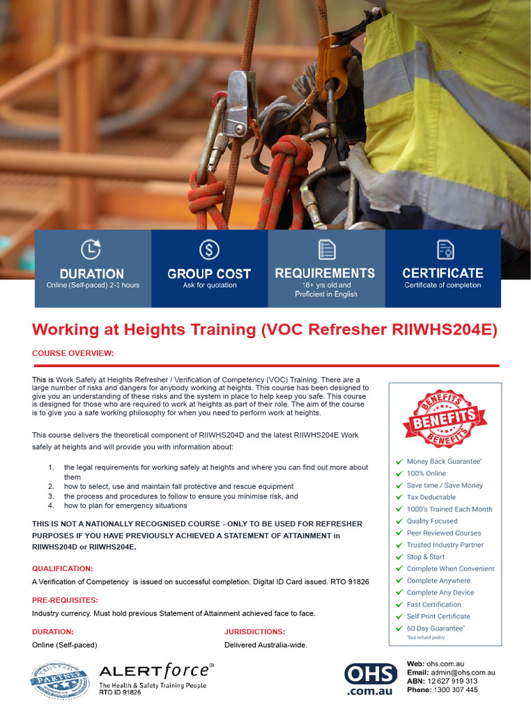 Working at Heights Verification of Competency RIIWHS204E OHS - Com.au ...