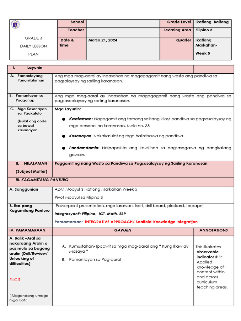 Cot - Filipino 3 - Q3 - W5 | PDF
