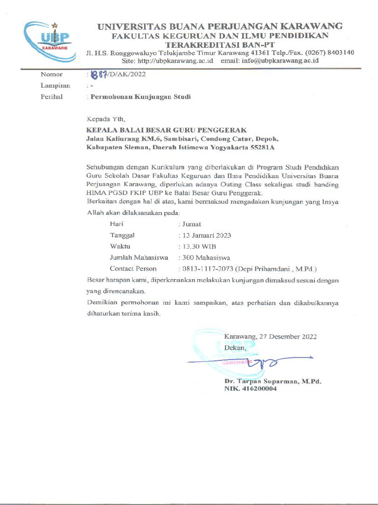 Permohonan Kunjungan Studi PGSD UBP | PDF