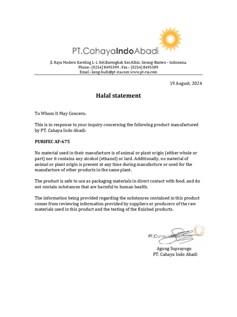 PURIFEC AF-675 Halal Statement | PDF